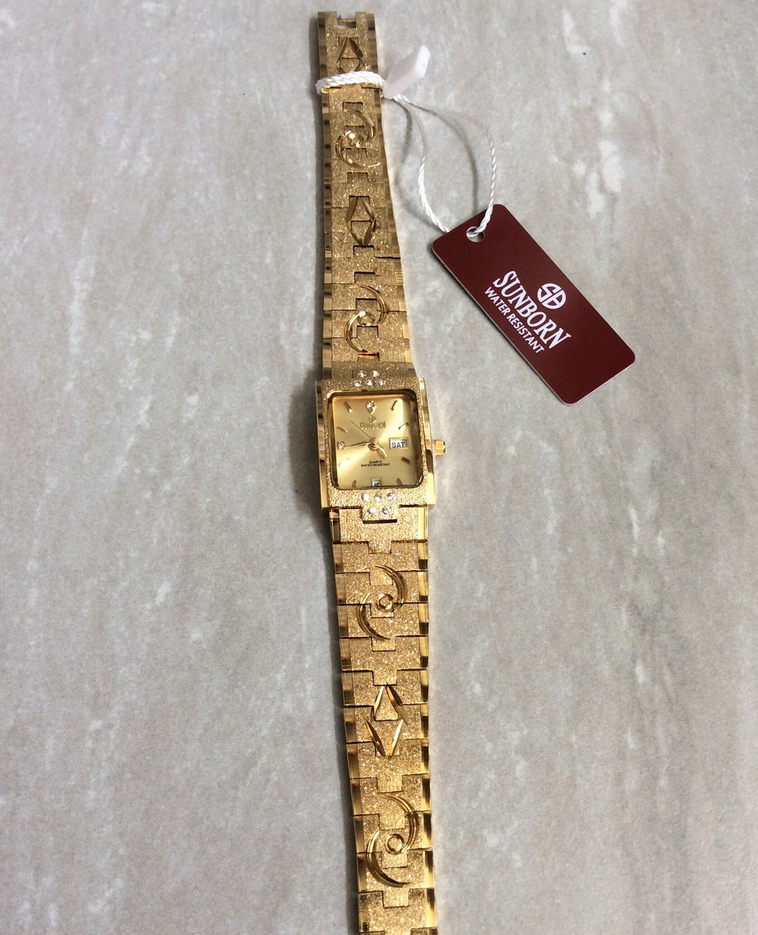 SUNBORN Women's Gold Crystal Watch Rectangle Gold Dial Index Hours Day ...