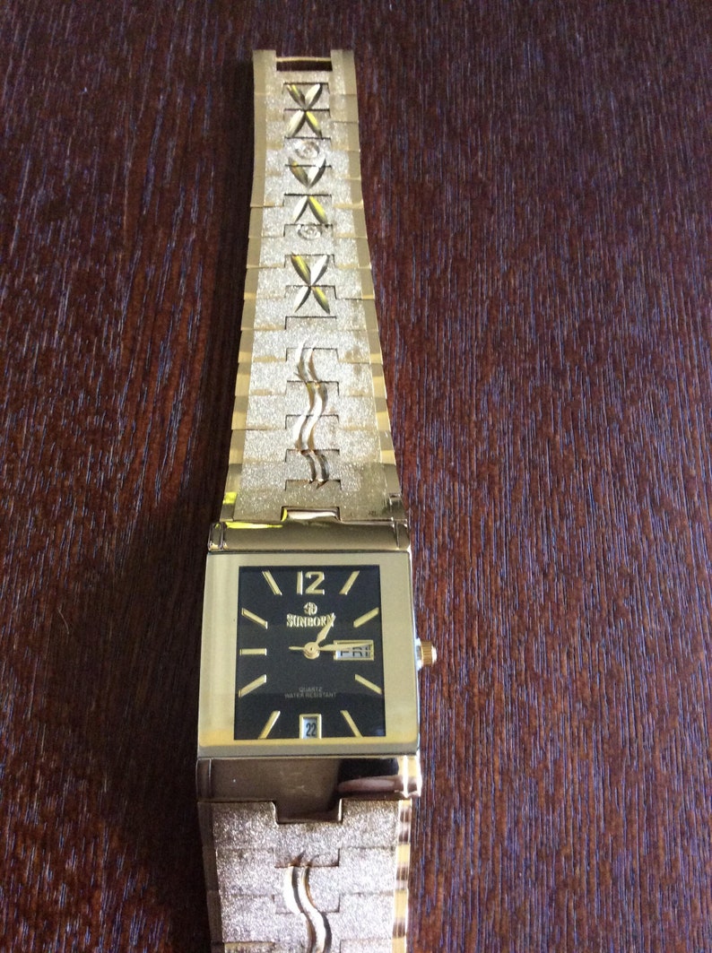 SUNBORN Men's Gold Watch Rectangle Black Dial Gold Index Hours Day and ...