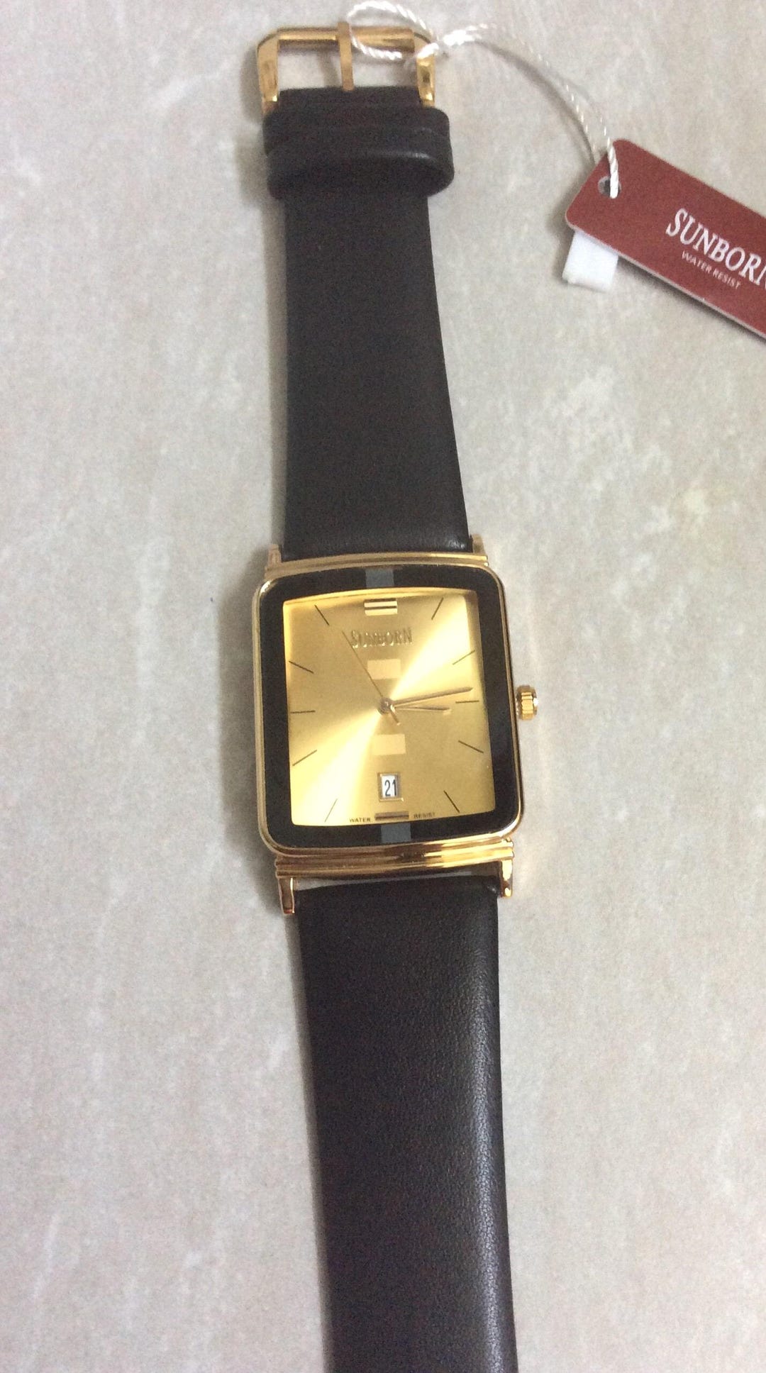 SUNBORN Men's Gold Watch Black Border Rectangle Gold Dial Index Hours ...