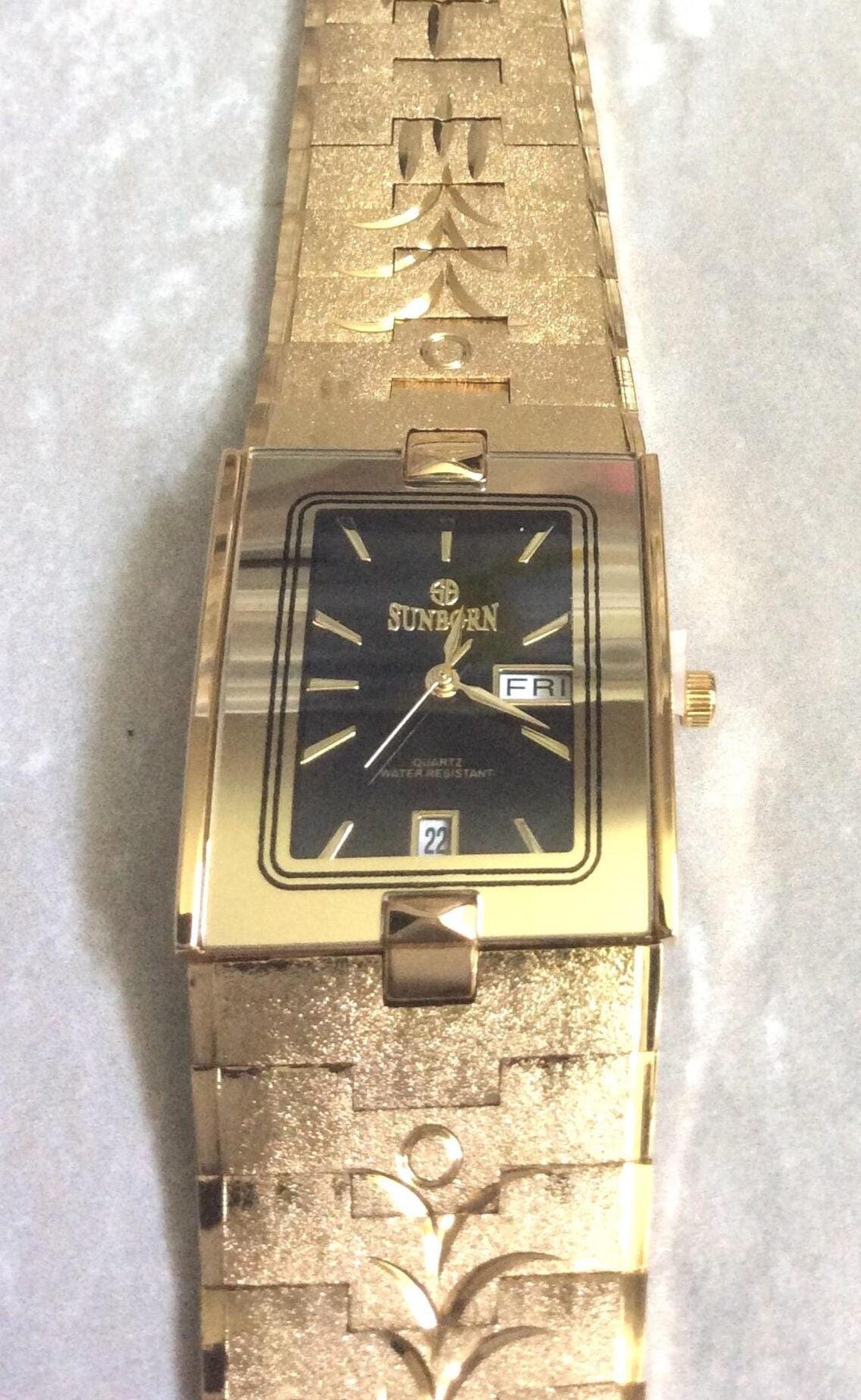 Sunborn Men's Dress Watch Mirror Image Rectangle Black Dial Day & Date ...