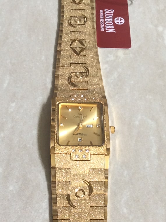 SUNBORN Men's Dress Watch Rectangle Gold Dial Index H… - Gem