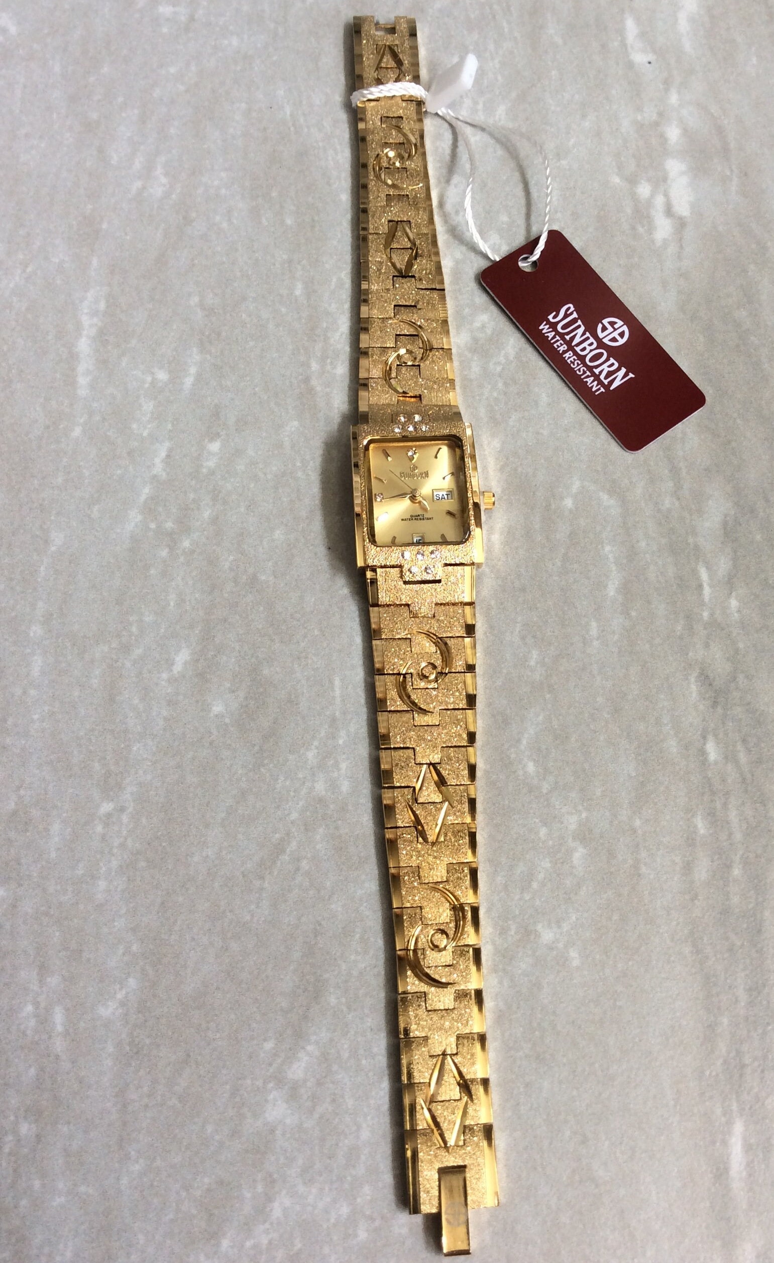 SUNBORN Women's Gold Crystal Watch Rectangle Gold Dial Index Hours Day ...