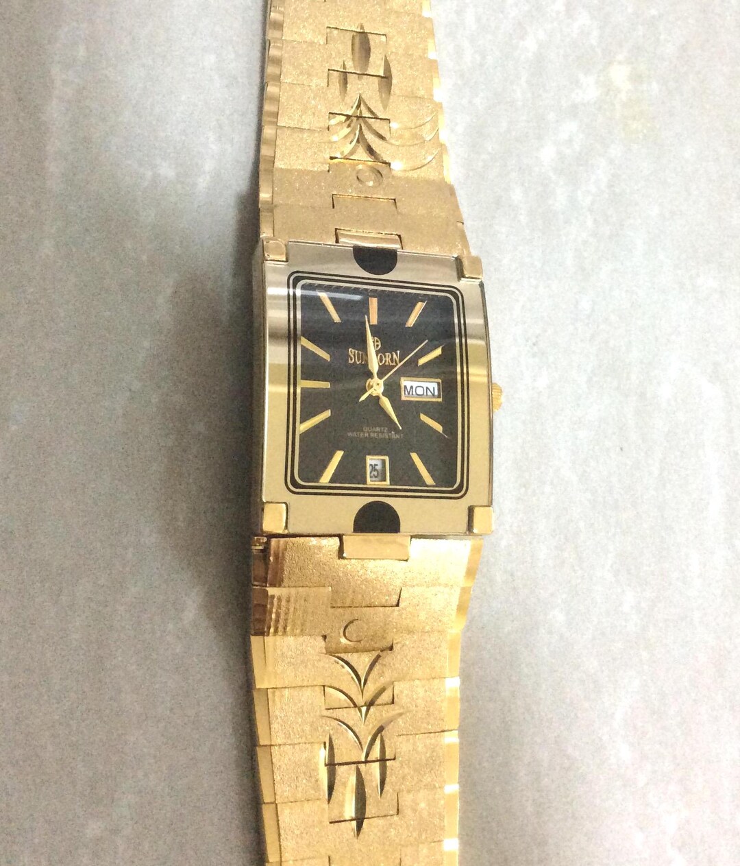 SUNBORN Men's Gold Watch Rectangle Black Day & Date Dial on Engraved ...