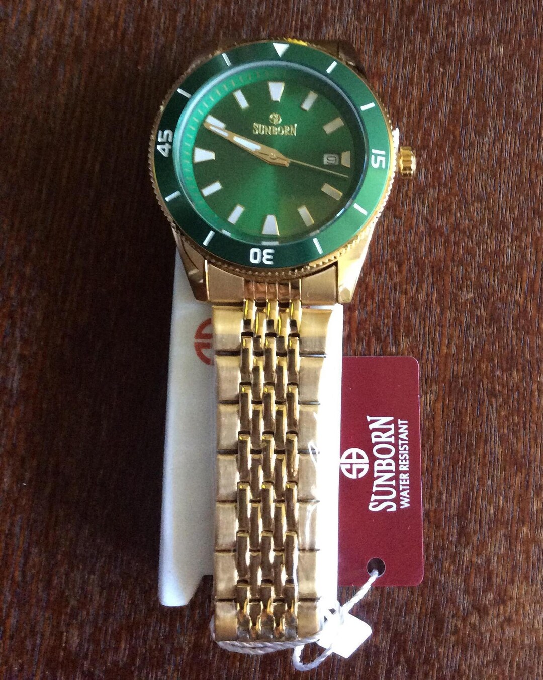SUNBORN Gold Men's Watch Green Bezel/dial With Date White Index Hours ...