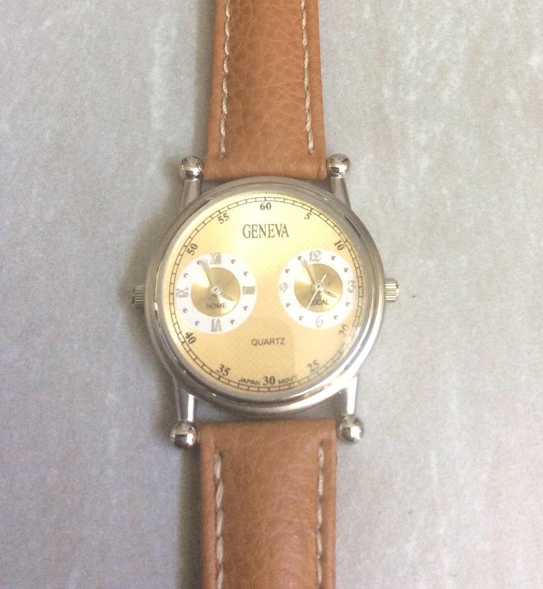 Vintage Geneva Women's Watch, Two Time Zones, Gold Dial, Brown Leather ...