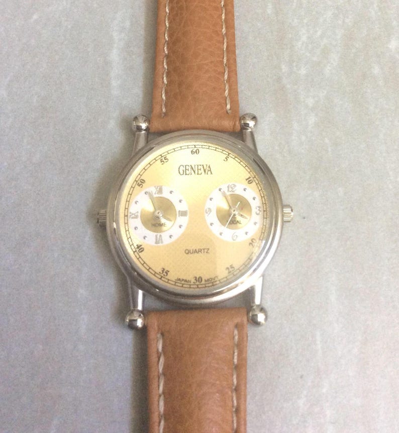 Vintage Geneva Women's Watch, Two Time Zones, Gold Dial, Brown Leather ...