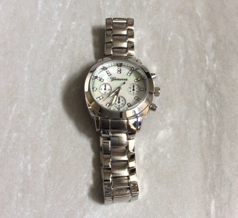GENEVA Silver Womans Watch Round Pearl Dial Double Crystal Hours on ...