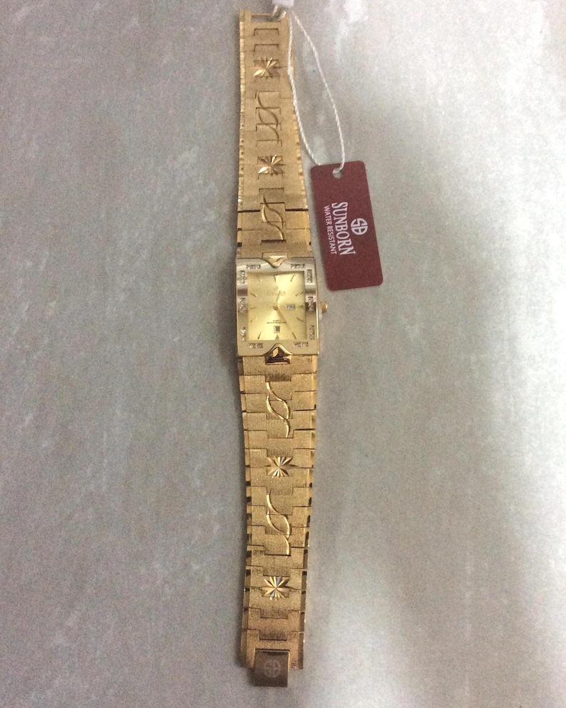 SUNBORN Gold Men's Crystal Watch Rectangle Gold Day & Date Dial Index ...