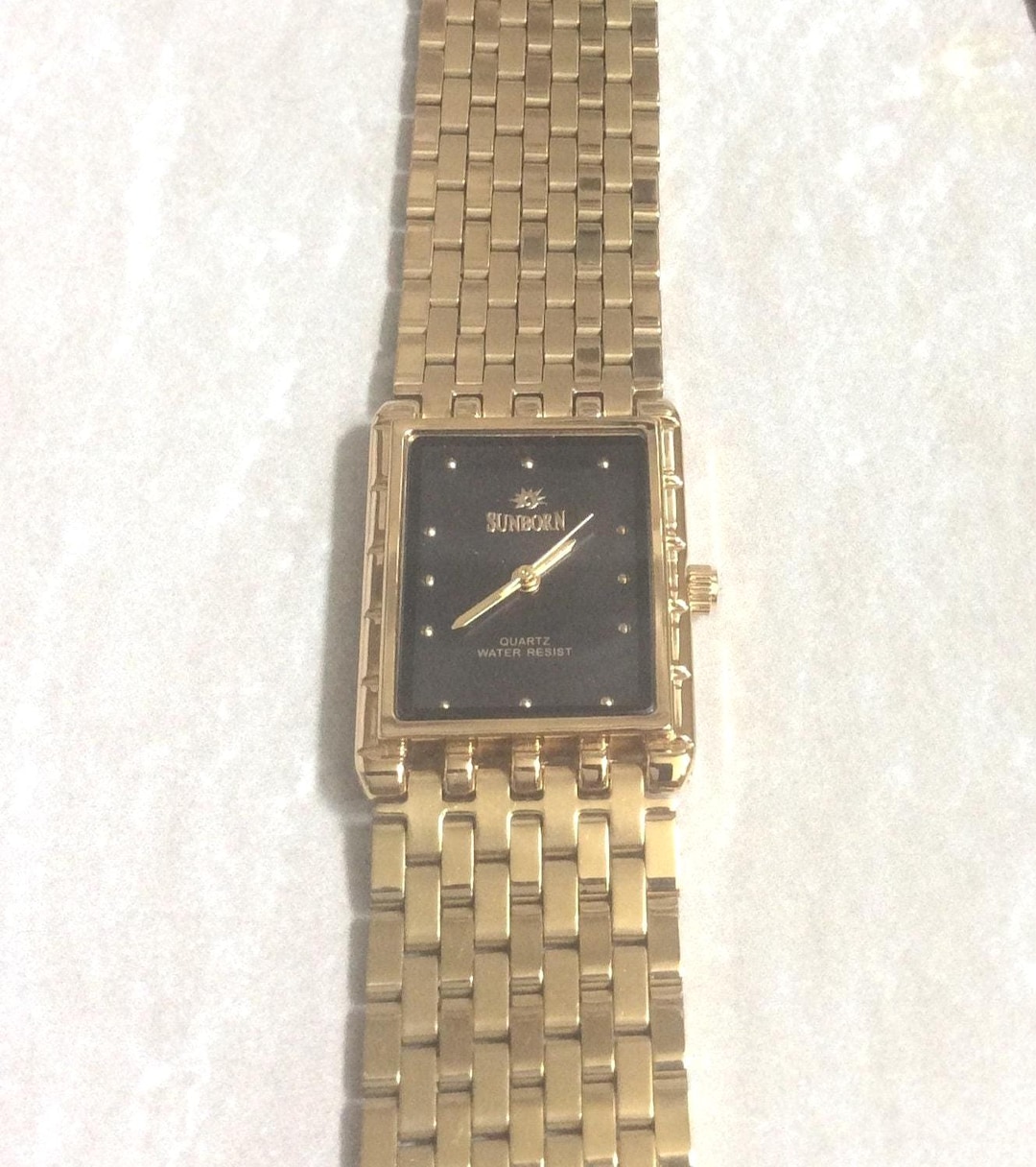 SUNBORN Gold Men's Watch Rectangle Black Dial Gold Indices Hours on ...