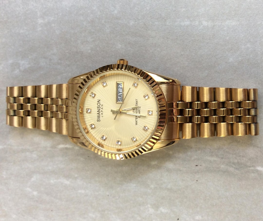 SWANSON Men's Gold Watch Round Gold Sunray Dial Crystal Hours Day ...