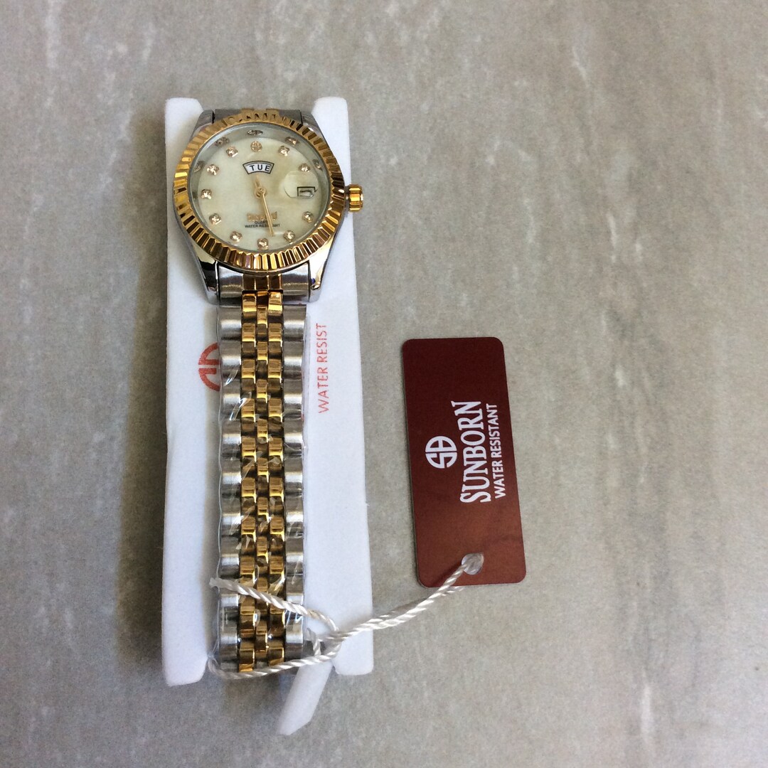 SUNBORN Women's Two-tone Watch Round Golden Pearl Dial Crystal Hours ...