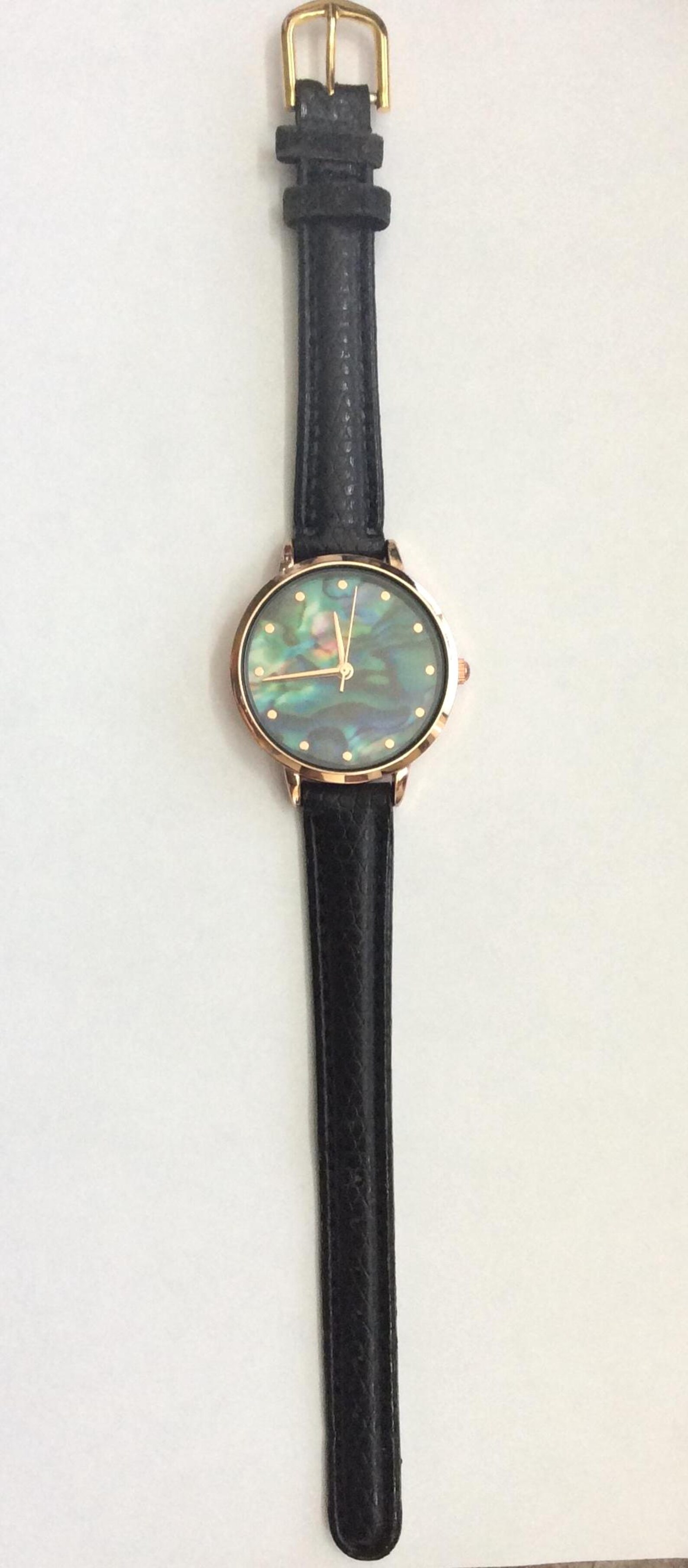 Women's Watch Round Abalone Dial Indices Hours on Black Leather Band ...