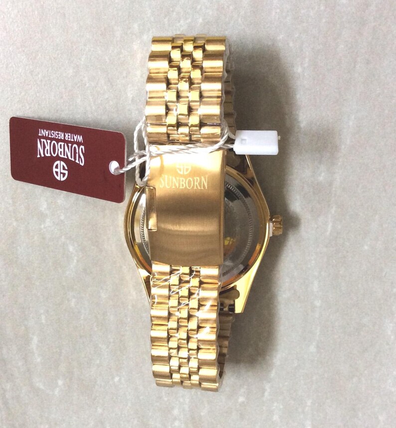 SUNBORN Gold Men's Dress Watch Round Golden Pearl Dial Crystal Hours ...