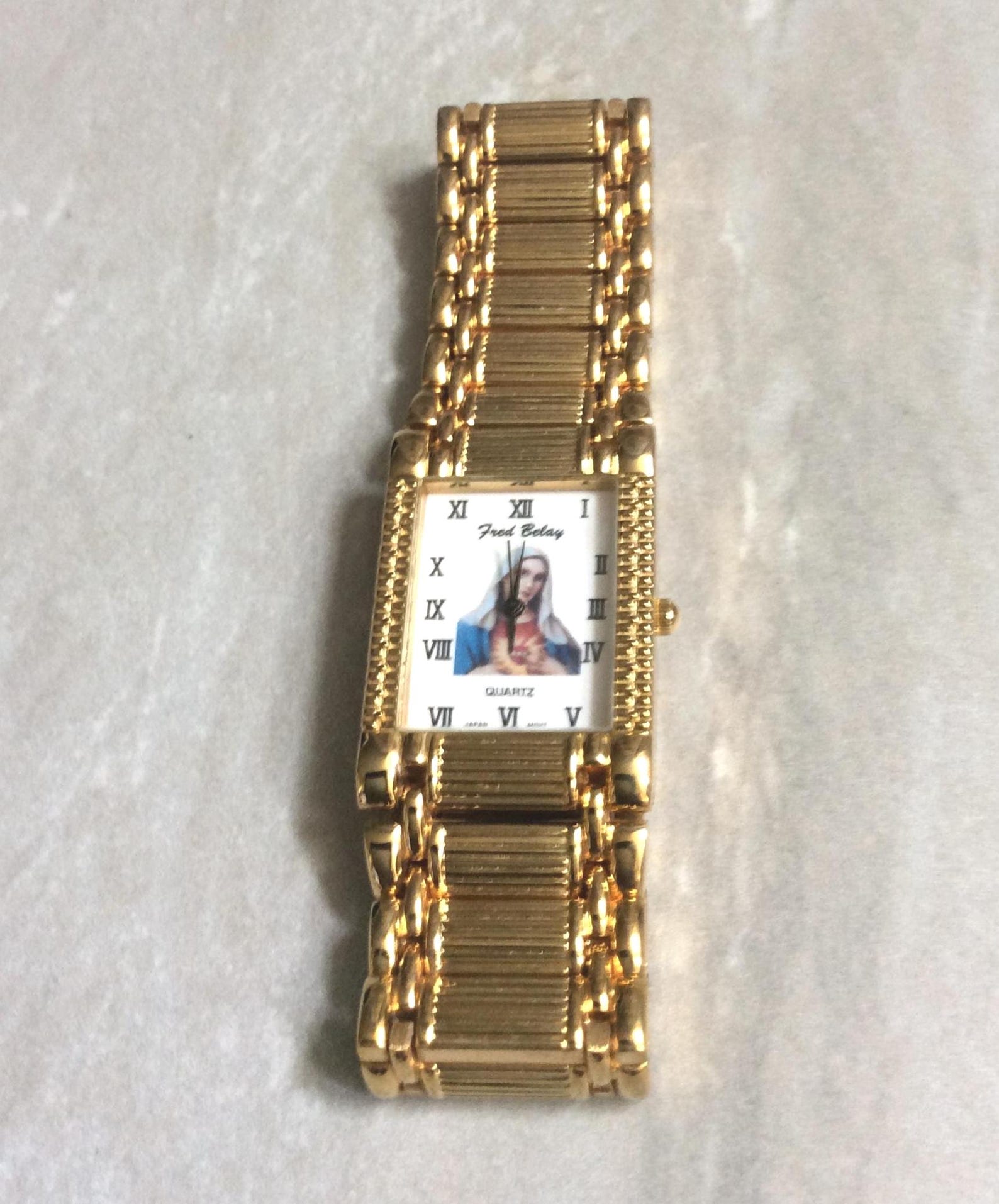 Fred Belay Gold Religious Men's Watch Mother Mary White Dial Roman ...