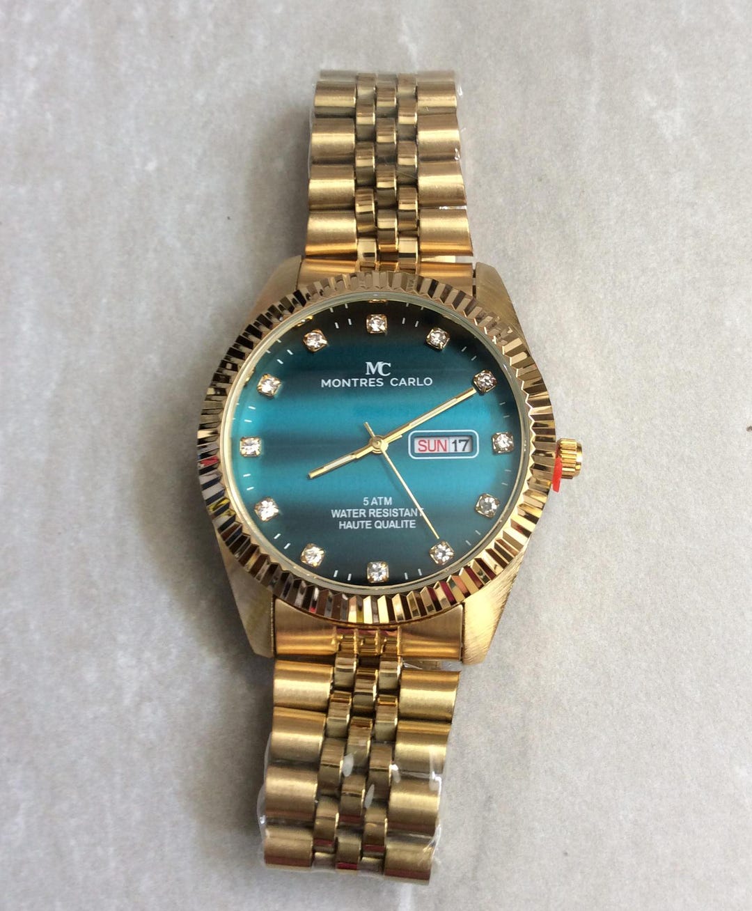 MONTRES CARLO Gold Men's Watch Round Turquoise Dial Crystal Hour ...