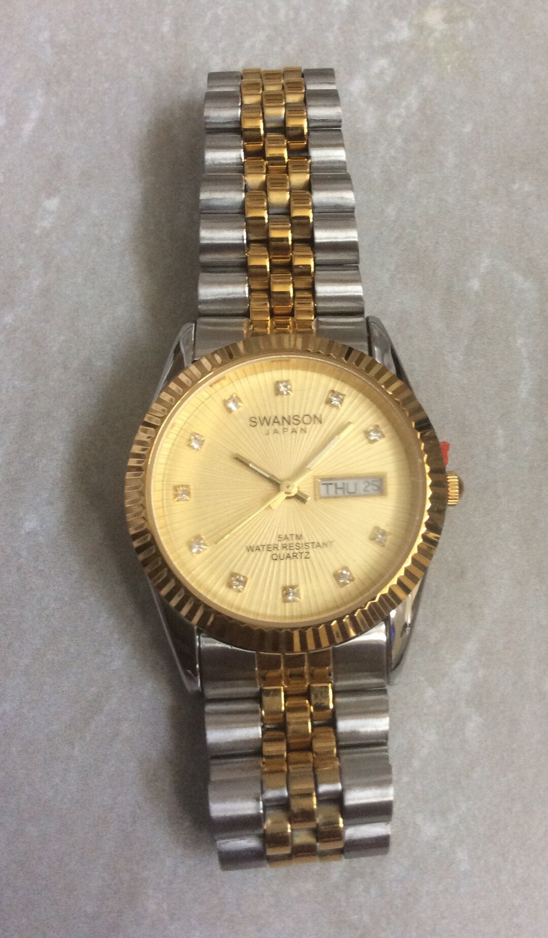 SWANSON Men's Watch Having a Round Gold Sunray Dial Crystal Hour ...