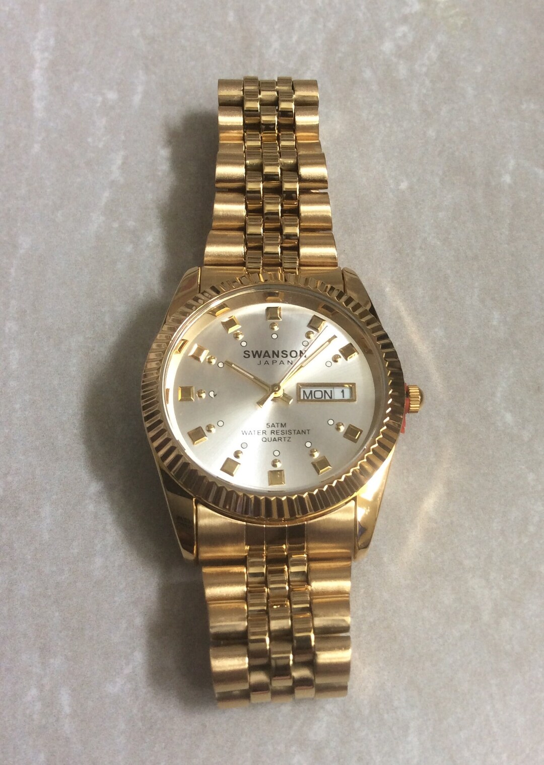 SWANSON Gold Men's Watch Round Silver Dial Unique Gold Hour Markers ...