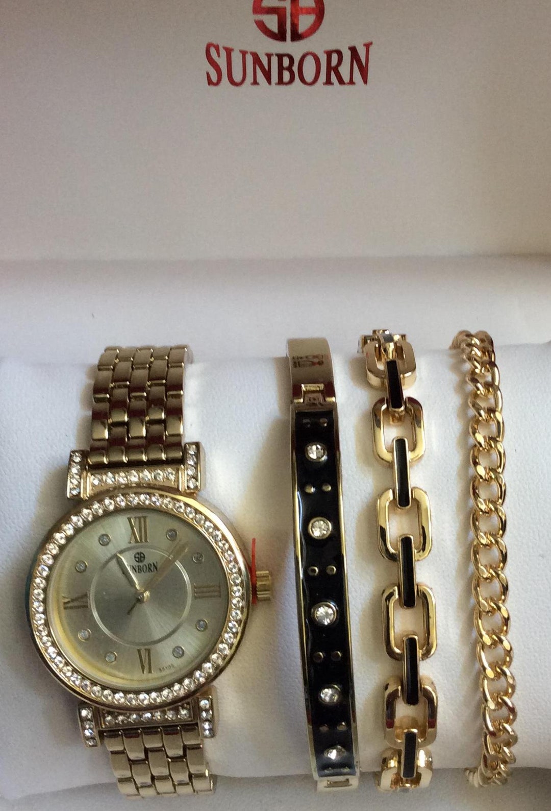 SUNBORN Gold Crystal Watch & 3 Bracelet Set Round Gold Dial Roman ...