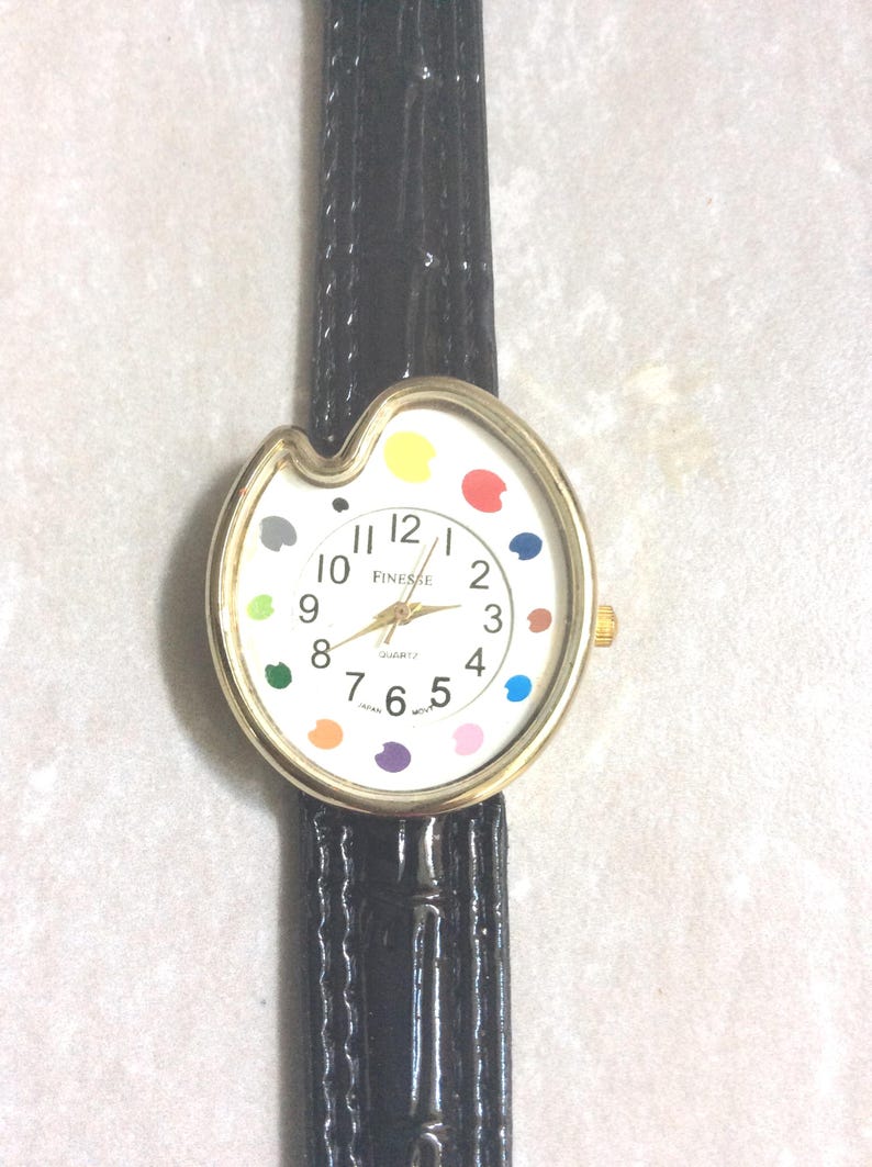 Finesse Women's Watch Colorful Paint Palette Round White Dial on Black ...