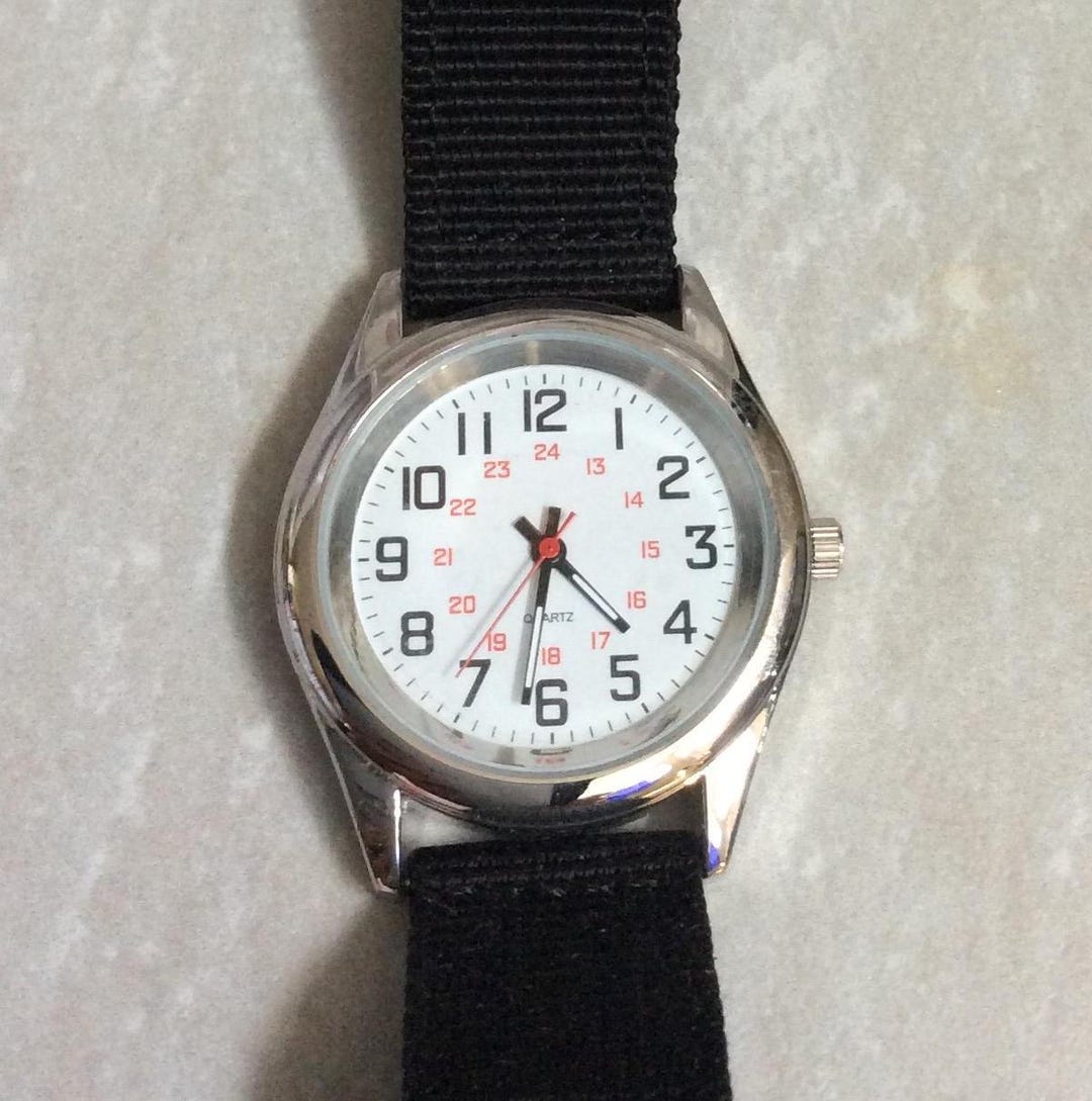 Men's Silver Watch Round White Dial 12/24 Hours, All on a Nylon Black ...