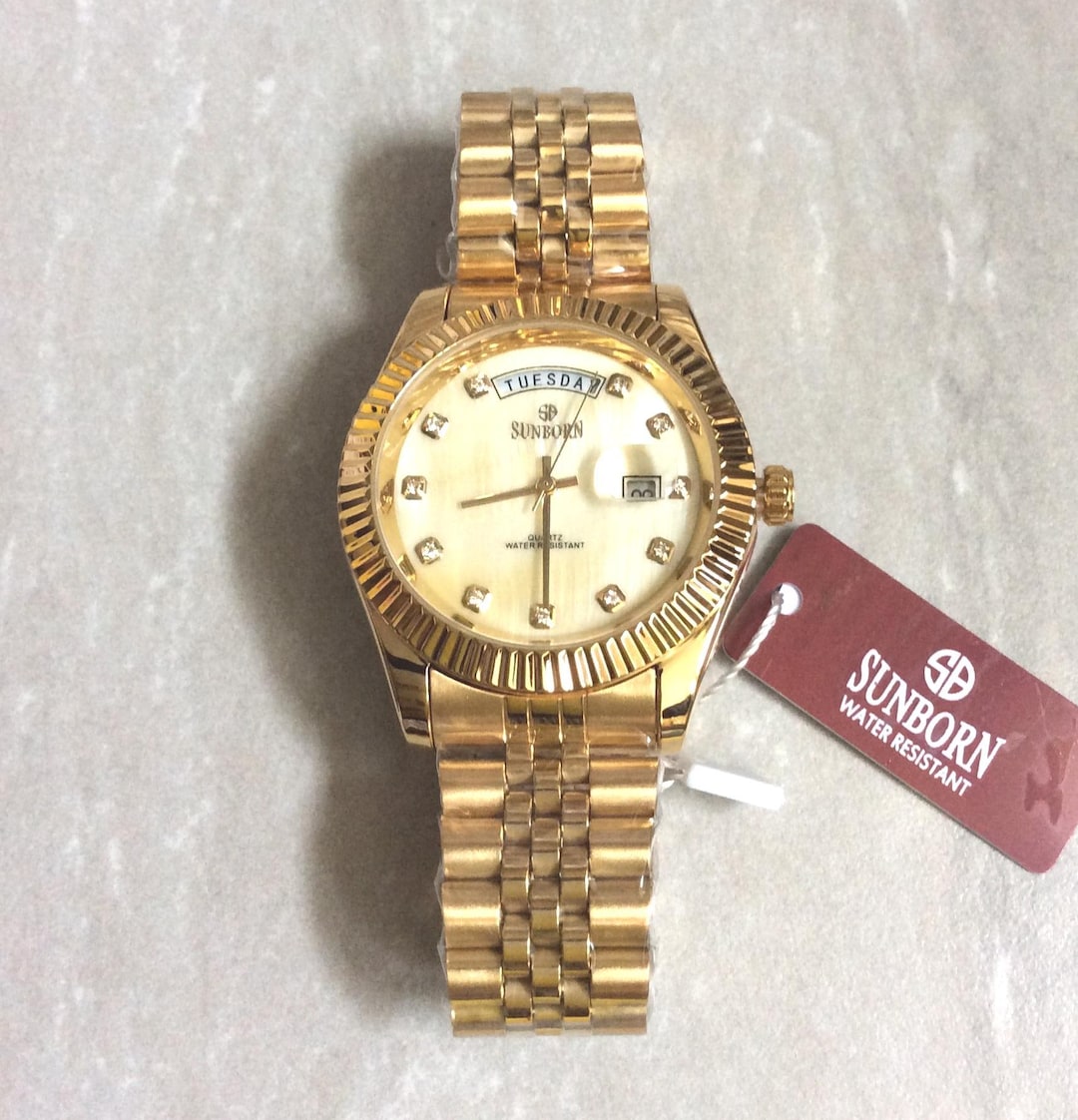 SUNBORN Gold Men's Dress Watch Round Golden Pearl Dial Crystal Hours ...