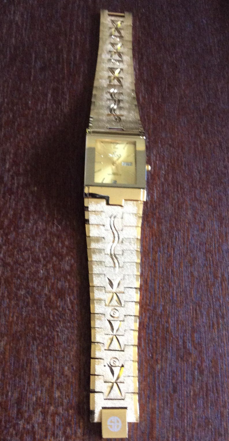 SUNBORN Gold Men's Watch Rectangle Gold Dial Gold Index Hours Day and ...