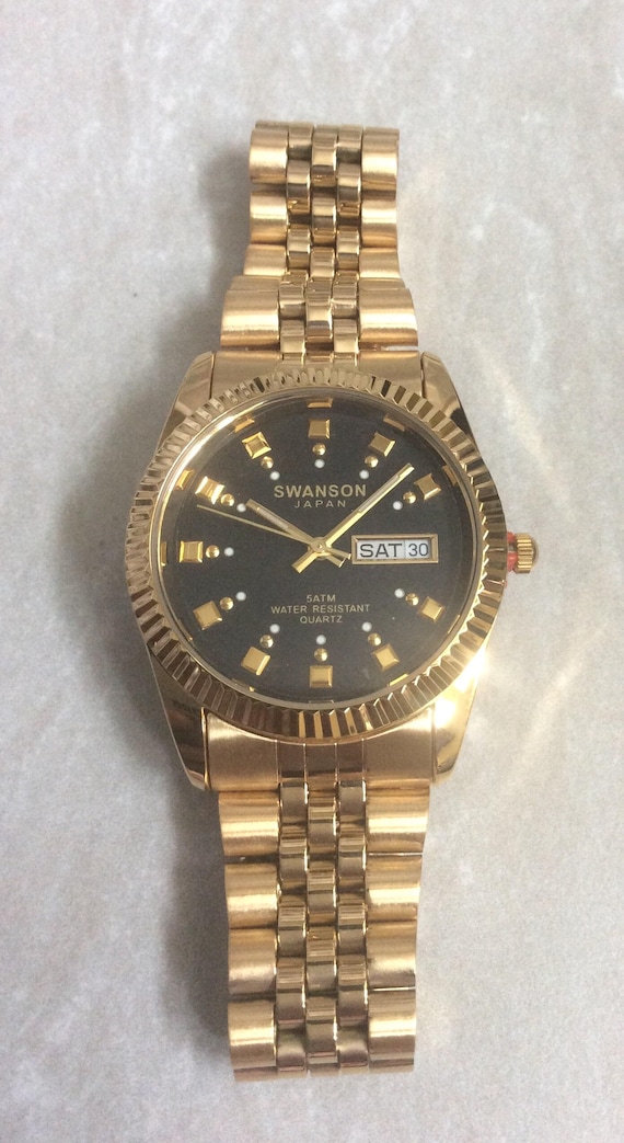 SWANSON Gold Men's Watch Round Black Dial Unique Hour… - Gem