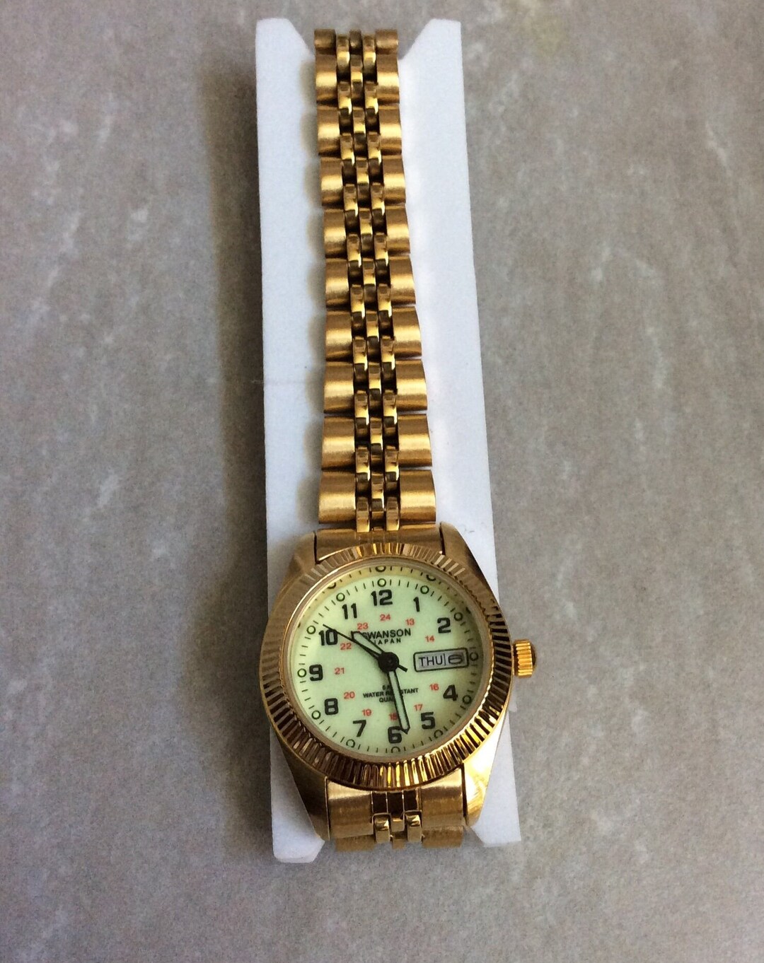 SWANSON Gold Women's Watch Round Glow in the Dark Dial 12/24 Hours Day ...