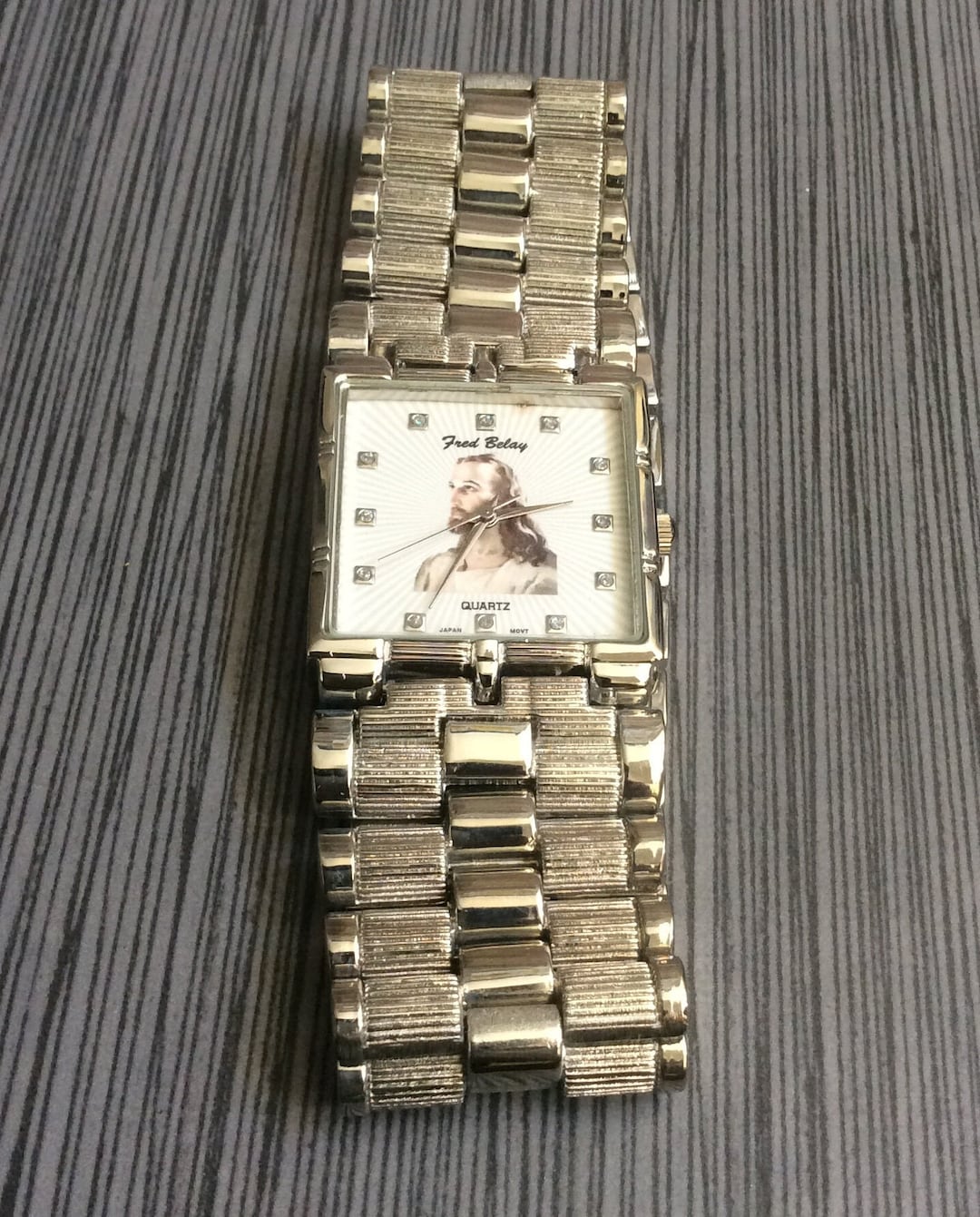 Silver Mem's Religious Watch Rectangle White Sunray Jesus Dial Crystal ...