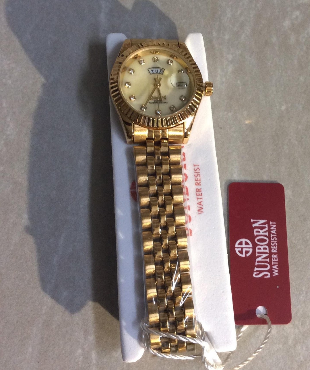 SUNBORN Women's Gold Watch Round Golden Pearl Dial Crystal Hours Day ...