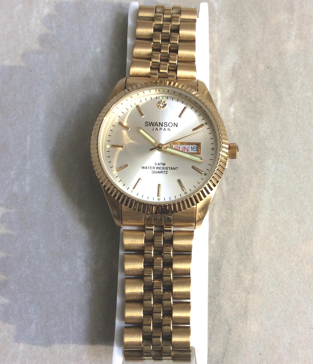 SWANSON Men's Watch Round Silver Dial Gold Index Hours Markers Day ...