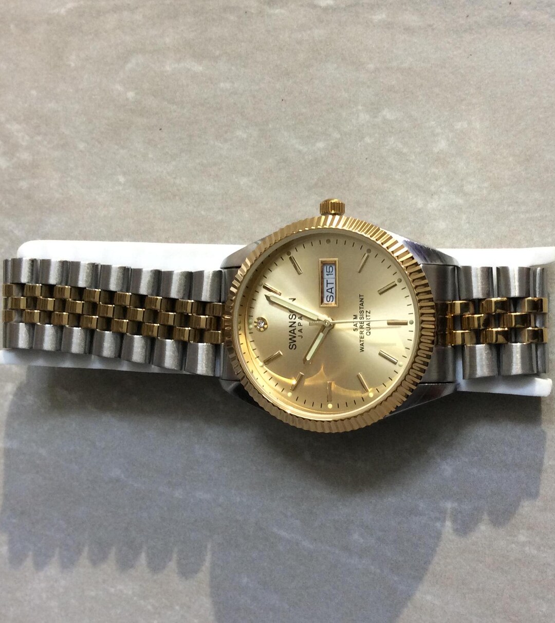 SWANSON Men's Watch Round Gold Dial Gold Index Hour Markers Day & Date ...