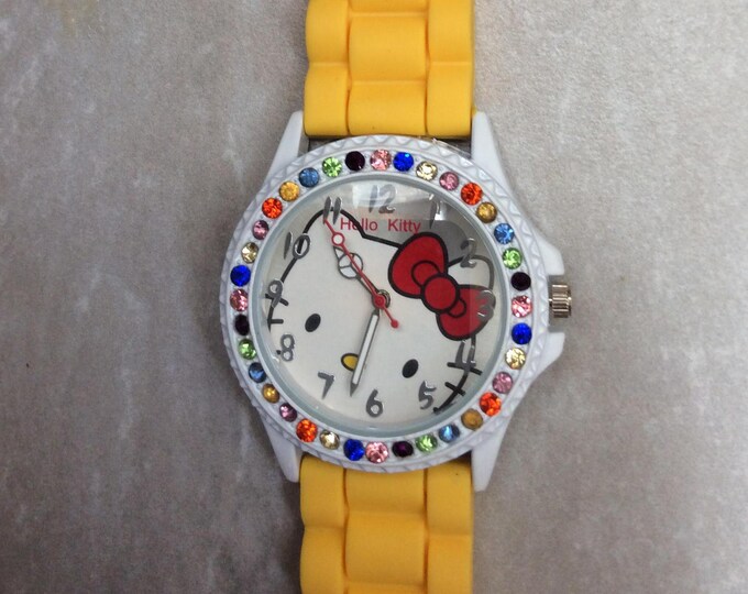 HELLO KITTY Colorful Crystal White Watch Round Silver Hello Kitty Dial ...