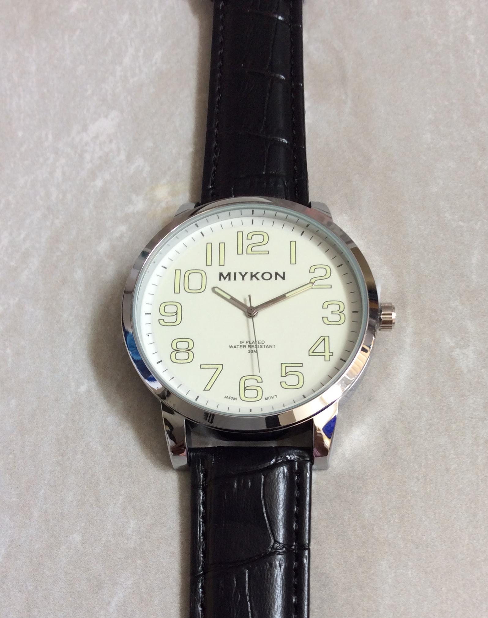 Miykon Men's Watch Round White Dial Numbered Hours on a Black Leather ...