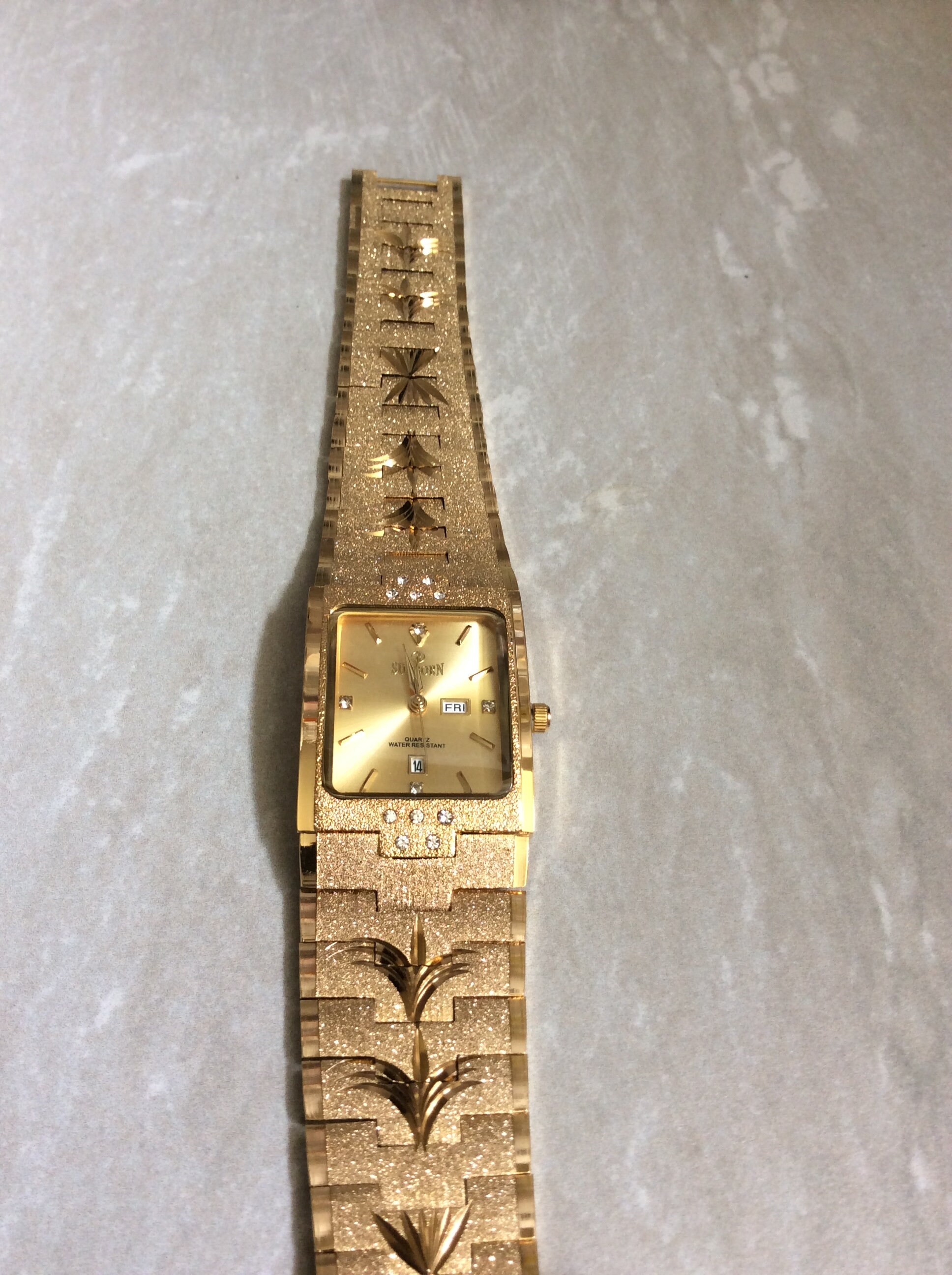 SUNBORN Men's Crystal Dress Watch Rectangle Gold Dial Day and Date ...