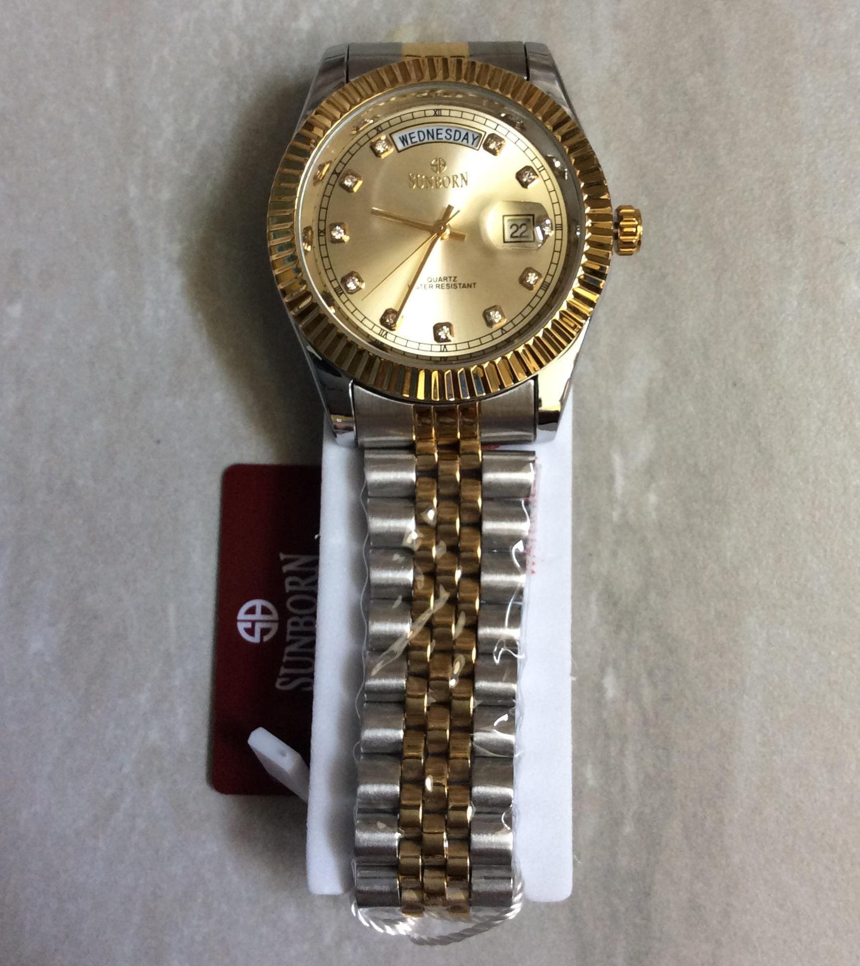 SUNBORN Men's Watch Round Gold Dial Crystal Hours With Day & Date on ...