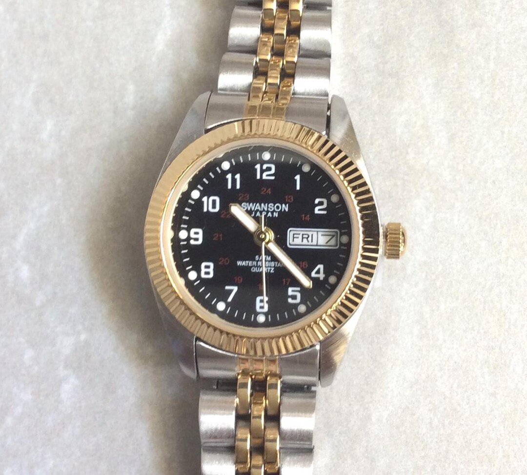 SWANSON Women's Watch Round Black Dial 12/24 Numbered Hours Day & Date ...