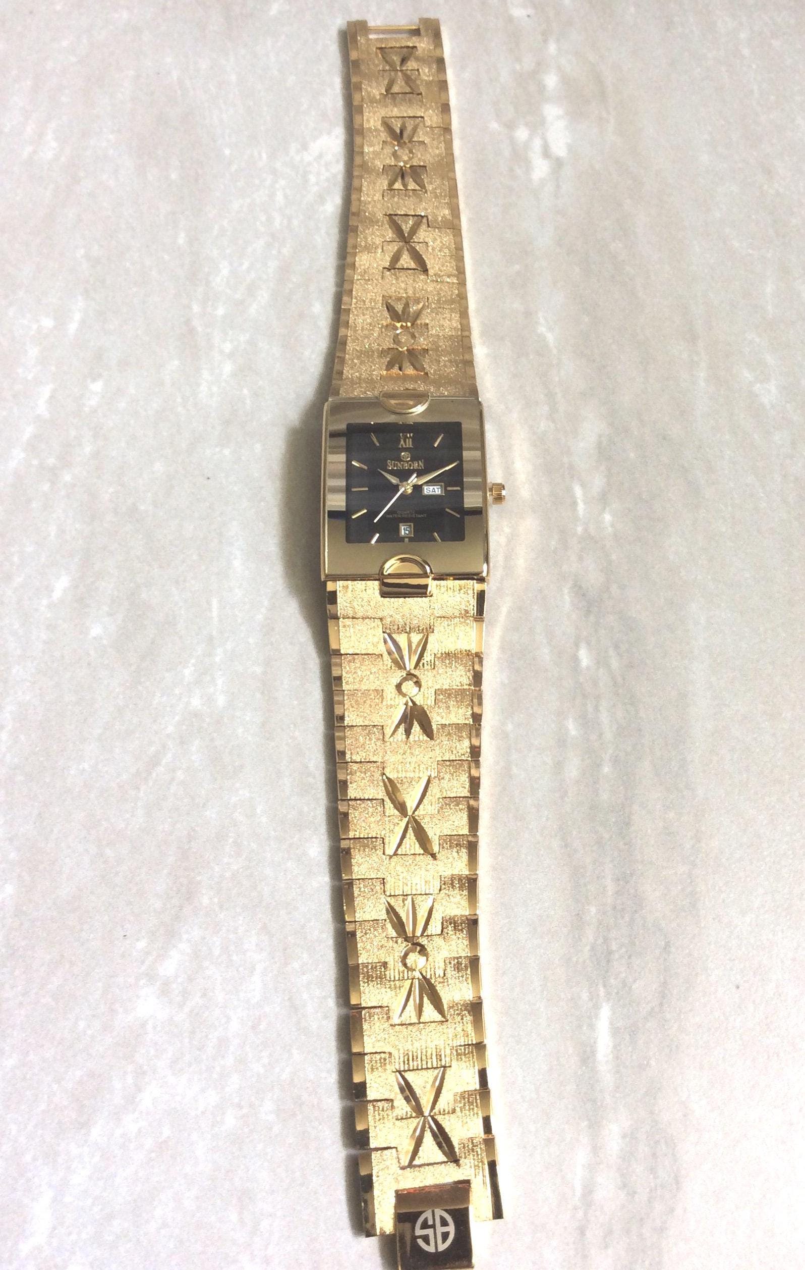 Sunborn Men's Gold Watch Rectangle Black Dial Gold Index Hours Day ...