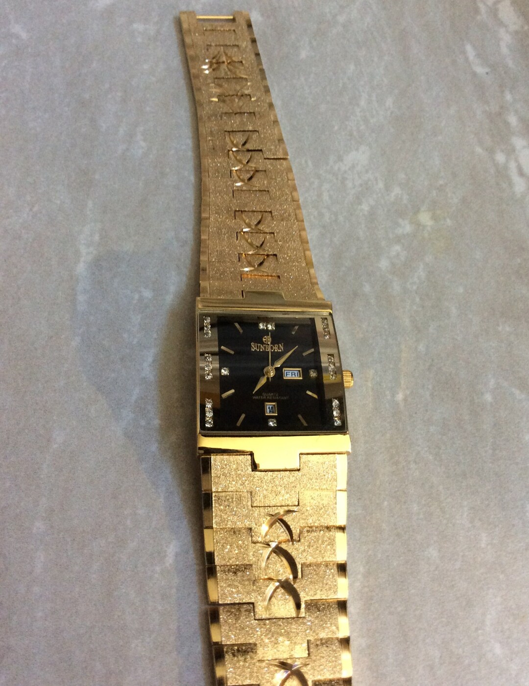 SUNBORN Gold Crystal Men's Watch Rectangle Black Dial Day & Date on a ...