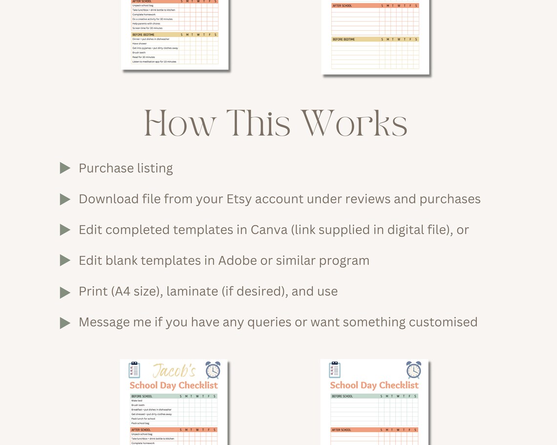 Editable School Day Checklist Kids Checklist Daily Routine Chart ...