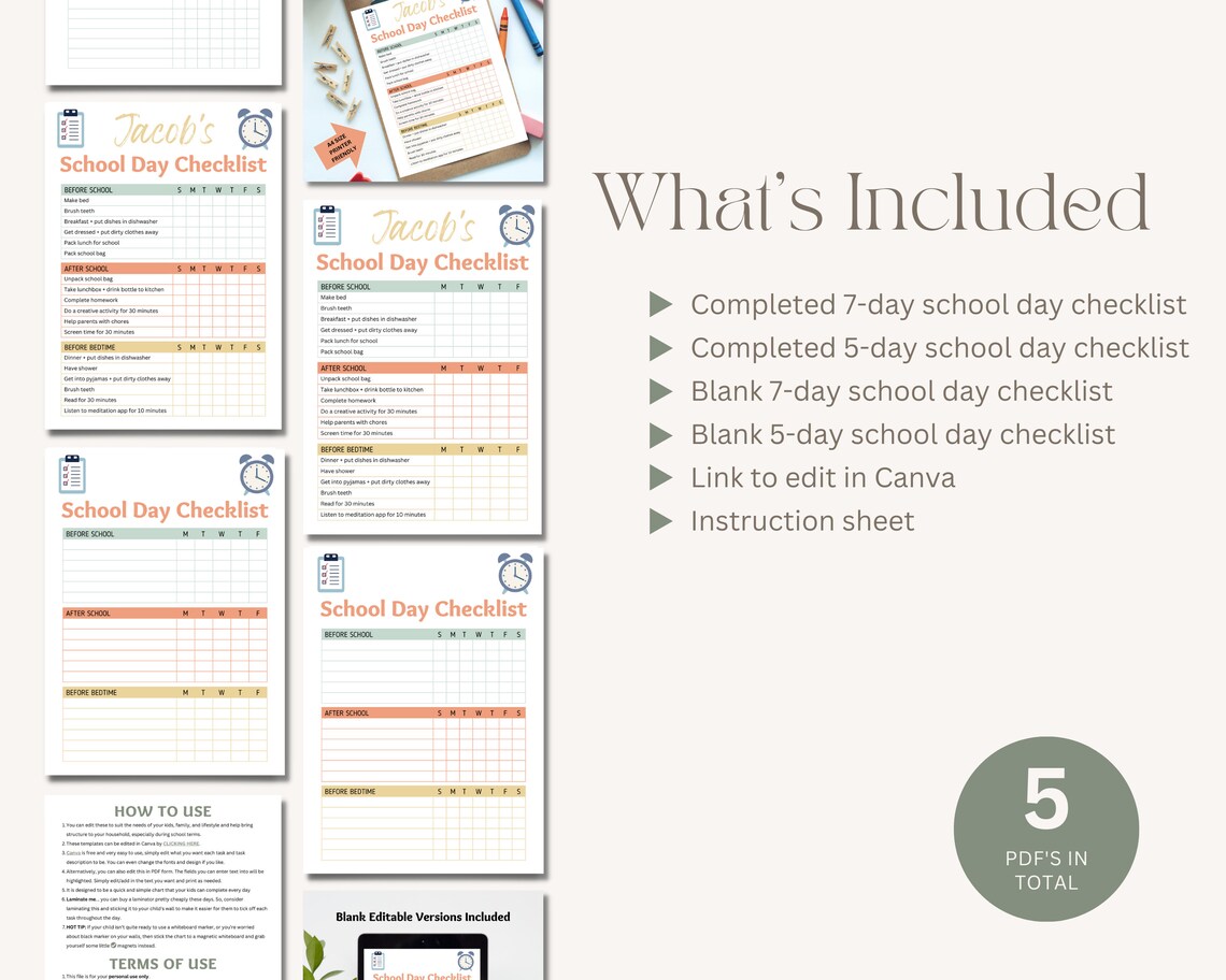 Editable School Day Checklist Kids Checklist Daily Routine Chart ...