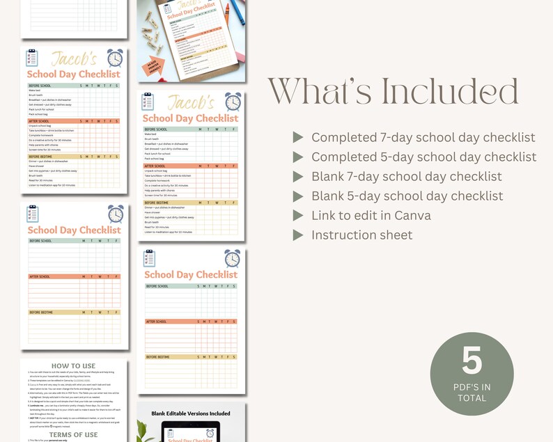 Editable School Day Checklist Kids Checklist Daily Routine Chart ...
