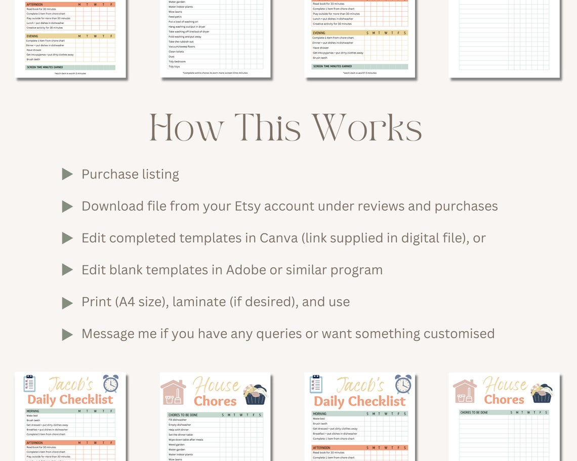 Editable Daily Checklist Chores Chart Screen Time Chart Daily Routine ...