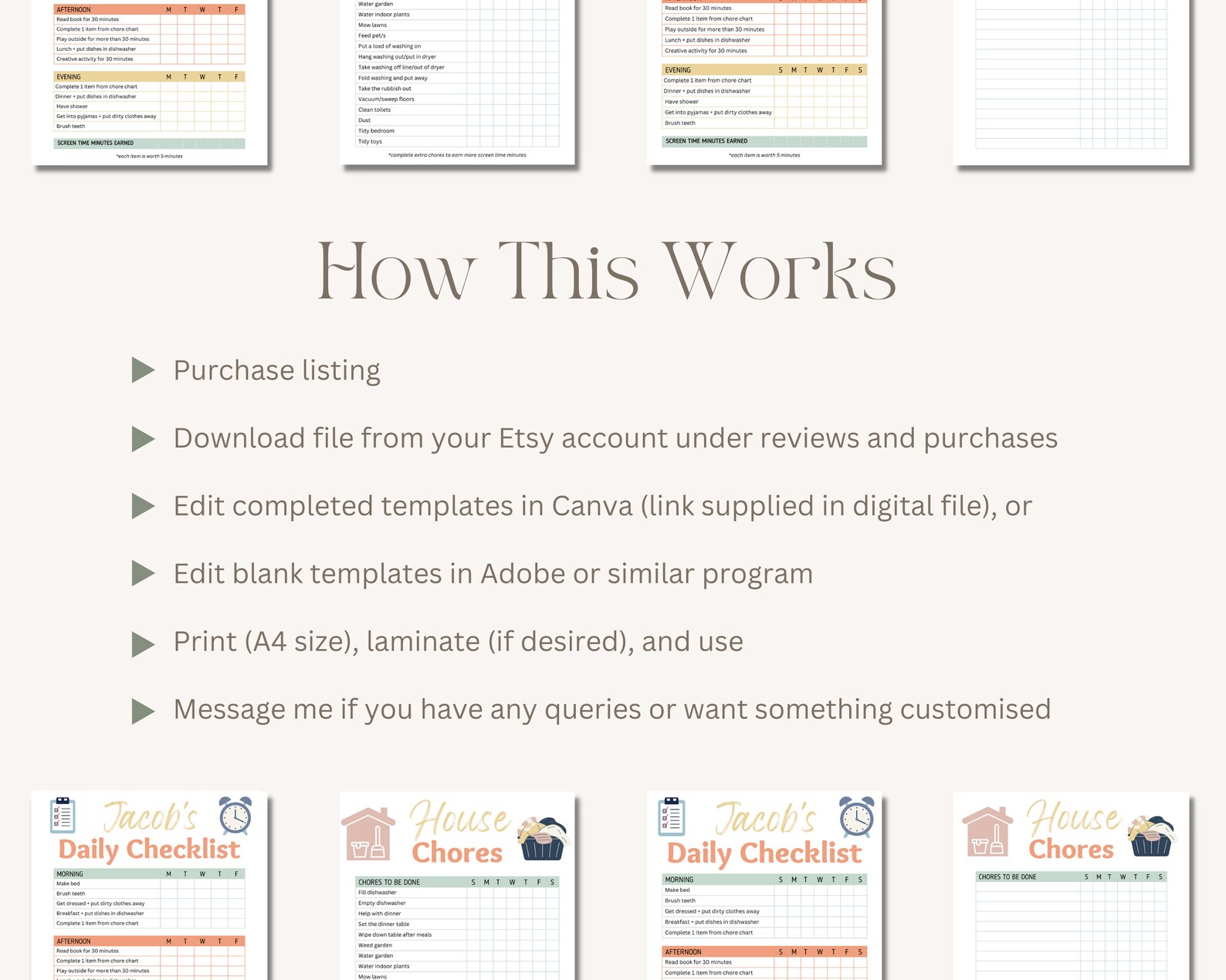Editable Daily Checklist Chores Chart Screen Time Chart Daily Routine ...