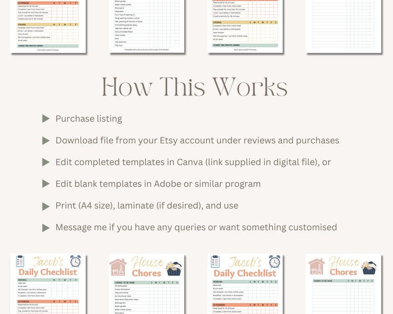 Editable Daily Checklist Chores Chart Screen Time Chart Daily Routine ...
