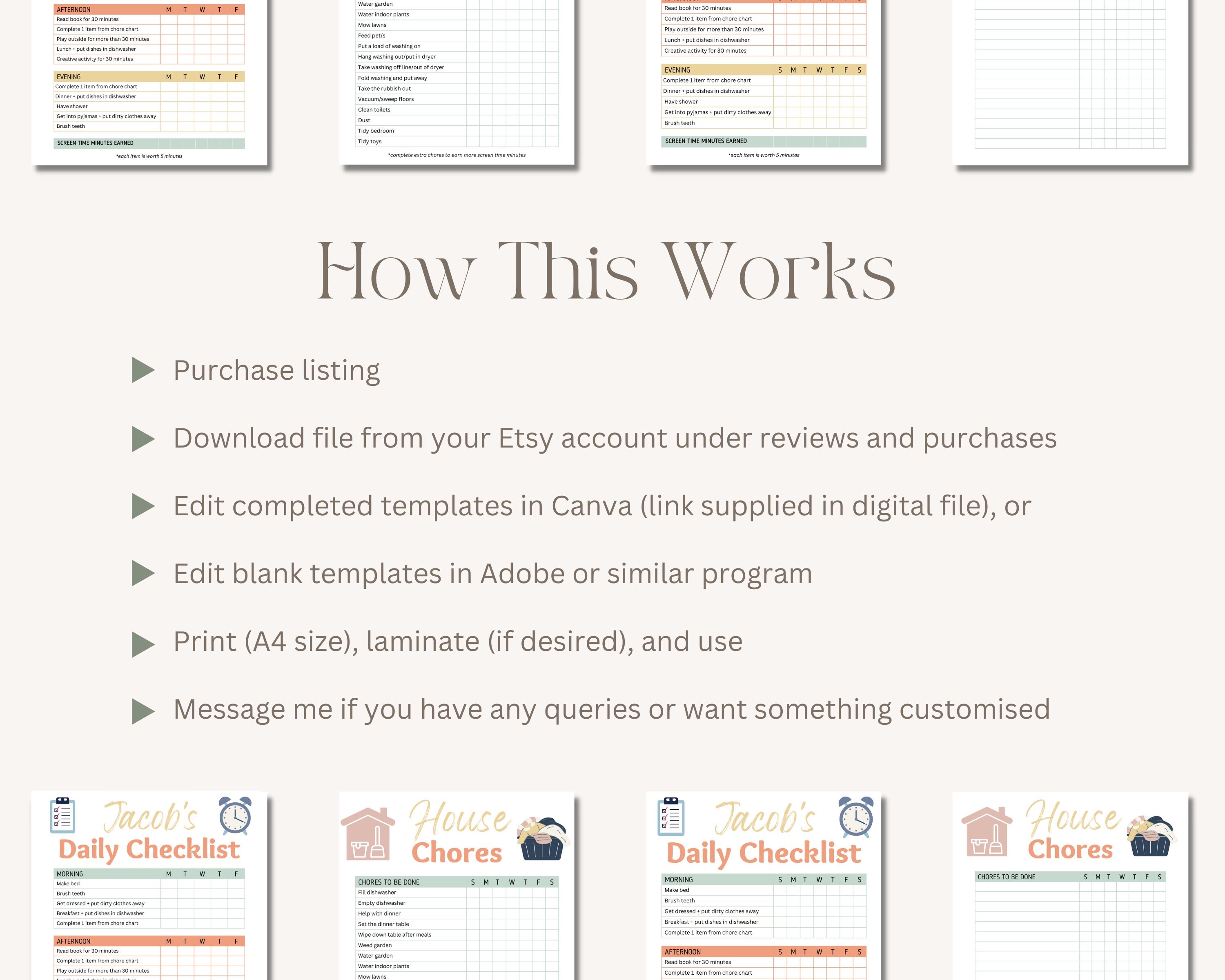 Editable Daily Checklist Chores Chart Screen Time Chart Daily Routine ...