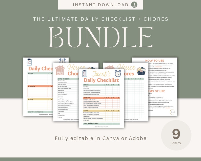 Editable Daily Checklist Chores Chart Screen Time Chart Daily Routine ...