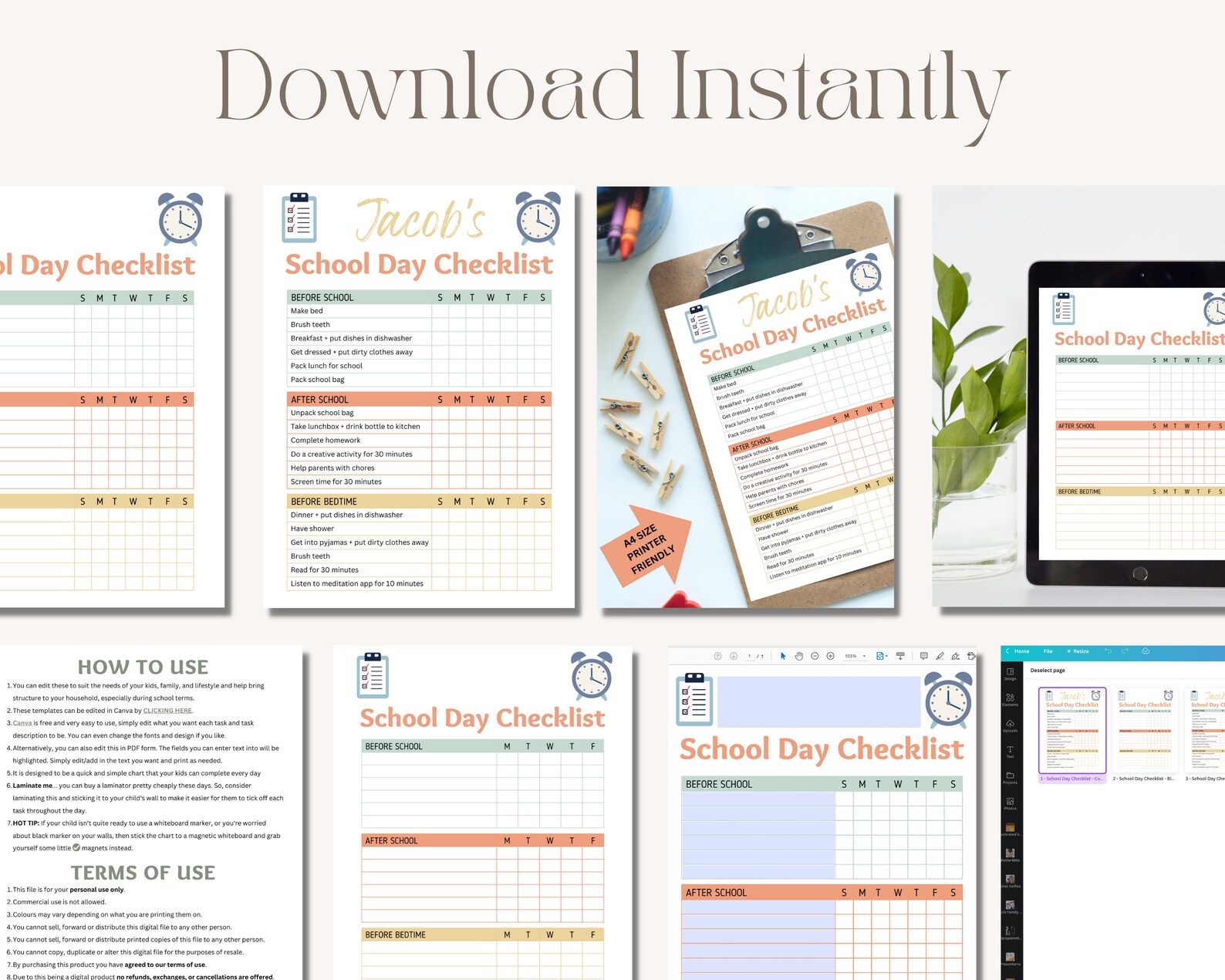Editable School Day Checklist Kids Checklist Daily Routine Chart ...