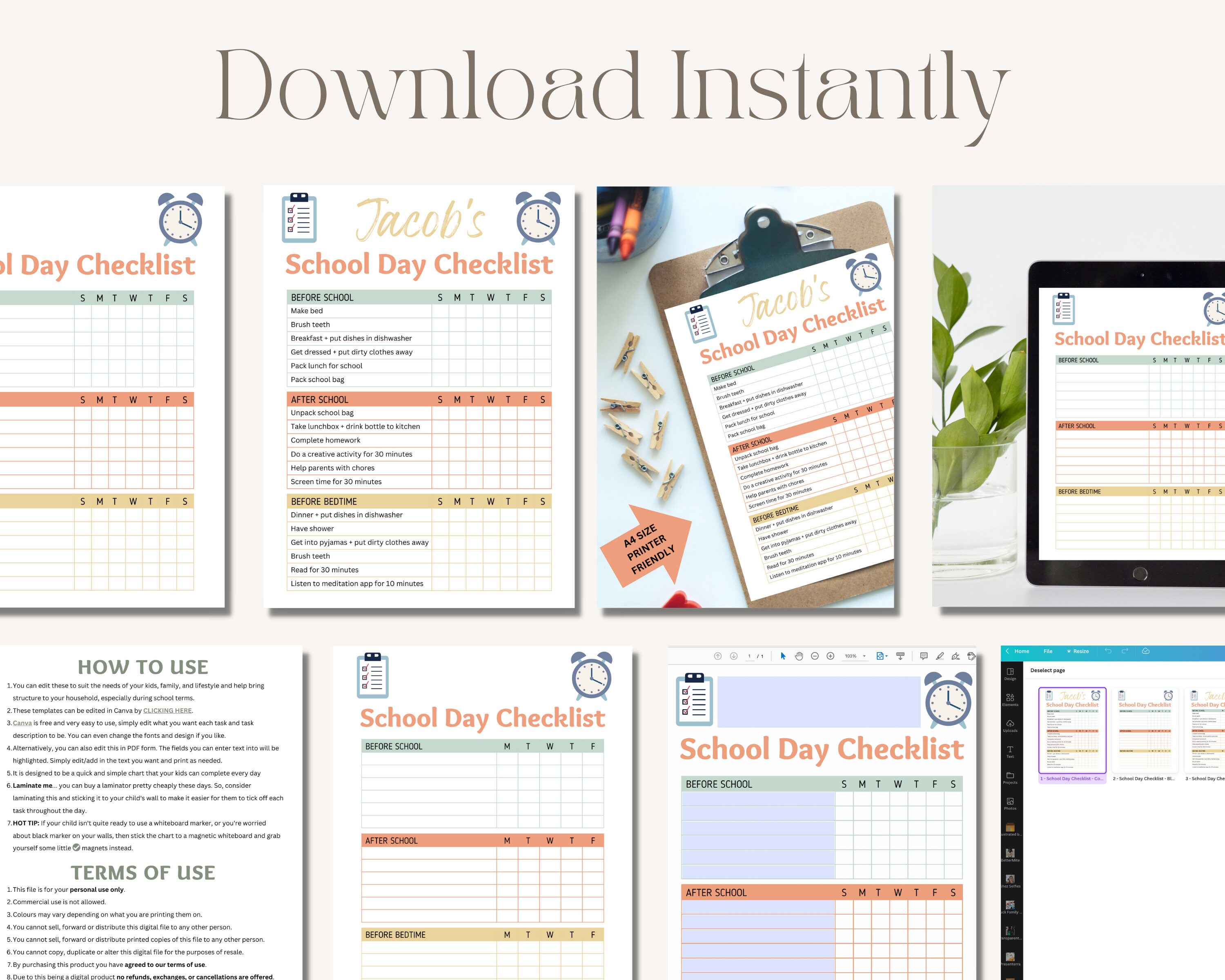Editable School Day Checklist Kids Checklist Daily Routine Chart ...