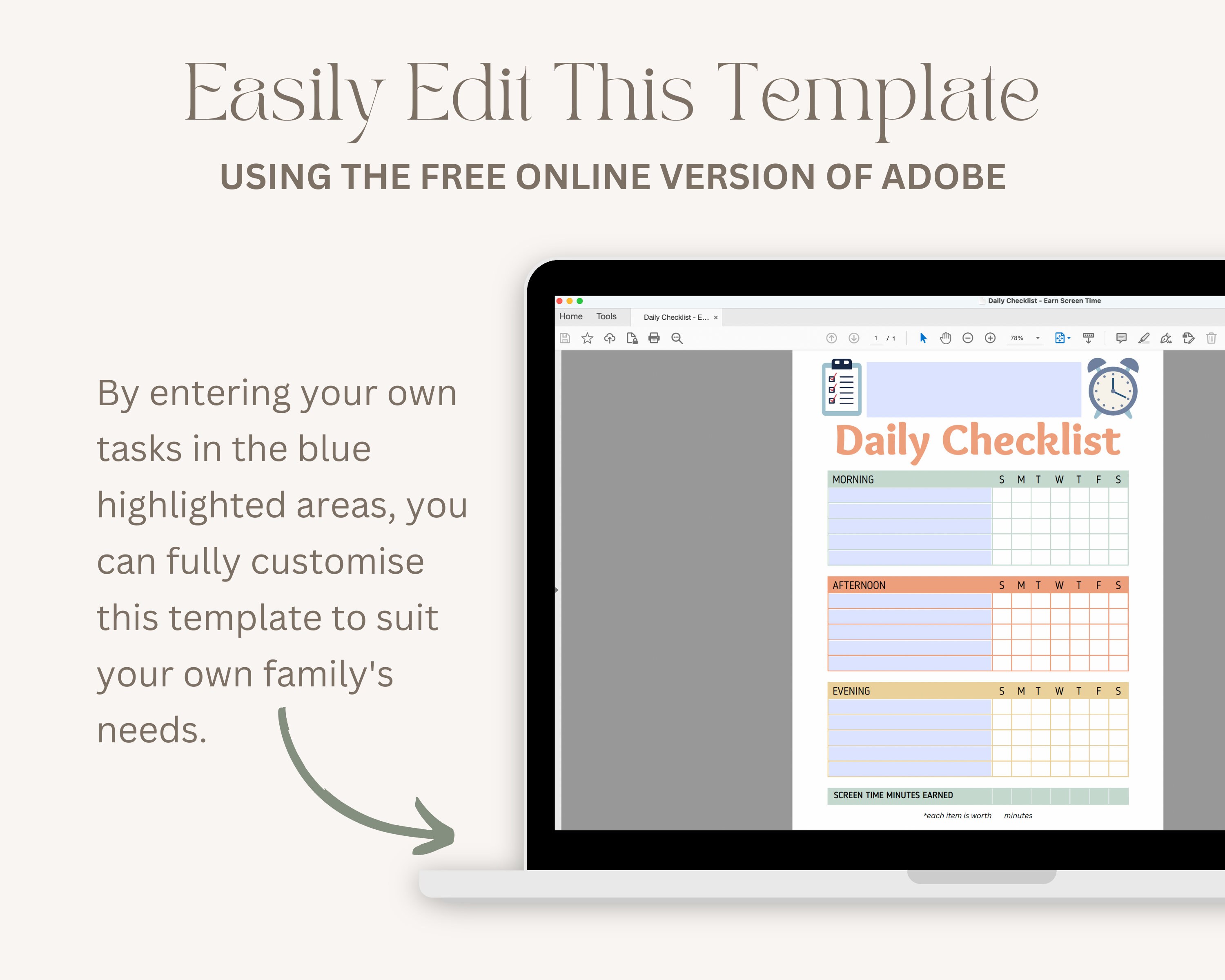 Editable Daily Checklist Chores Chart Screen Time Chart Daily Routine ...